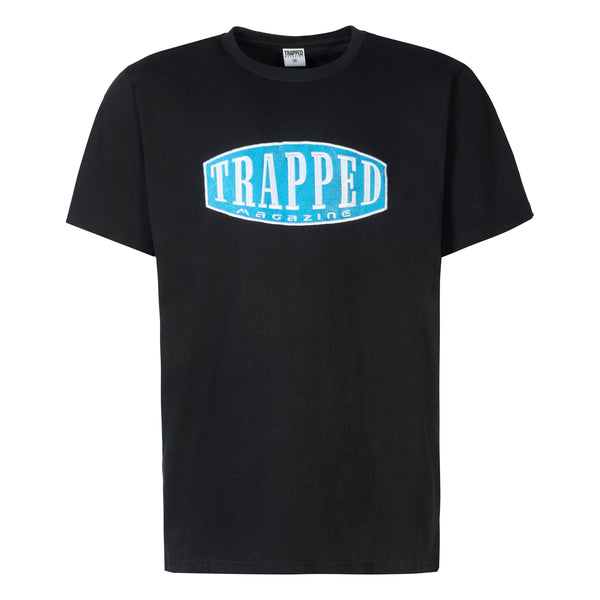 BULGE T-SHIRT - BLACK/BLUE EMBROIDERED BADGE – Trapped Merch